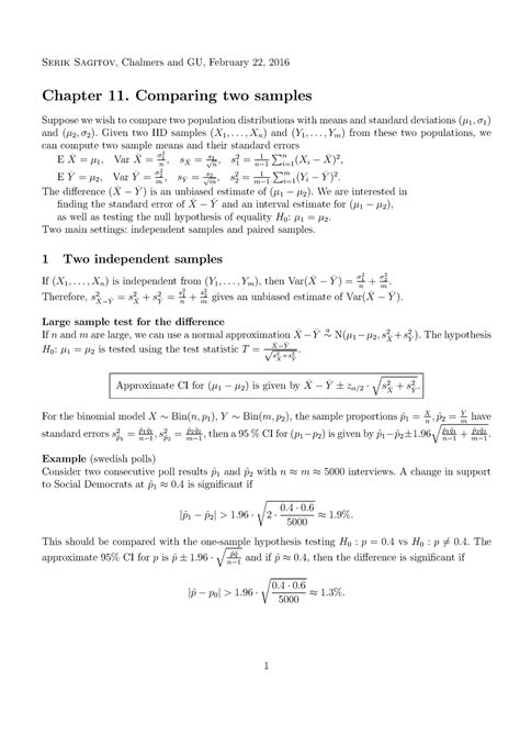 Lecture Notes Comparing Two Samples Statistical Inference 201516 Serik Sagitov Chalmers
