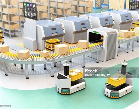 컨베이어 옆에 지게차 운반 컨테이너 박스와 Agv를 운전 자체 공장 산업 건물에 대한 스톡 사진 및 기타 이미지 공장 산업