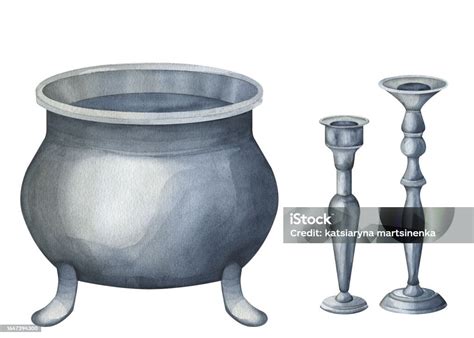수채화 촛불 가마솥 촛대 클립 아트 흰색 배경에 그려진 고립된 그림 할로윈 테마 고딕 공포 마녀 이교도 요술 밀교를 주제로 인쇄 Waxing에 대한 스톡 벡터 아트 및 기타