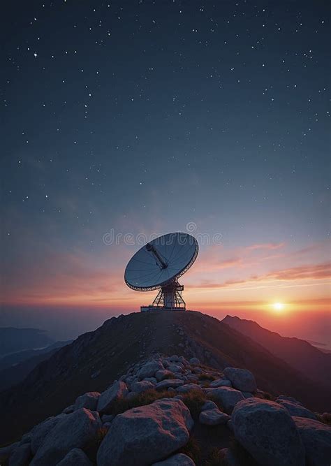 Landscape With Radio Telescopes On Ground And Satellites In Starry