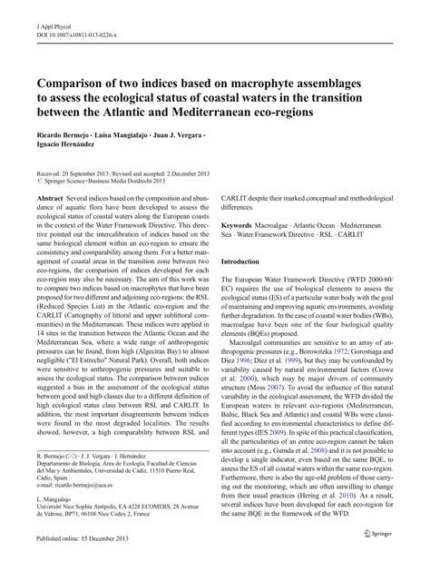 Pdf Comparison Of Two Indices Based On Macrophyte Assemblages To Assess The Ecological Status