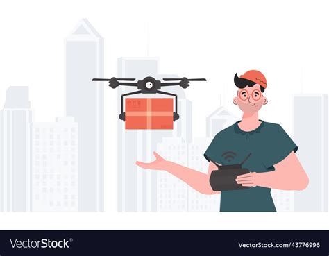A Man Controls Quadcopter With Package Royalty Free Vector
