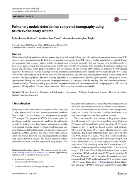 Pdf Pulmonary Nodule Detection On Computed Tomography Using Neuro Evolutionary Scheme