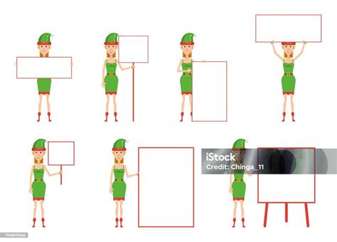 다른 빈 배너 포즈 여성 크리스마스 요정 캐릭터의 집합입니다 쾌활 한 엘 프 지주 종이 포스터 플 래 카드 화이트 보드를 가리키는 교육 광고 홍보 가리키기에 대한 스톡 벡터