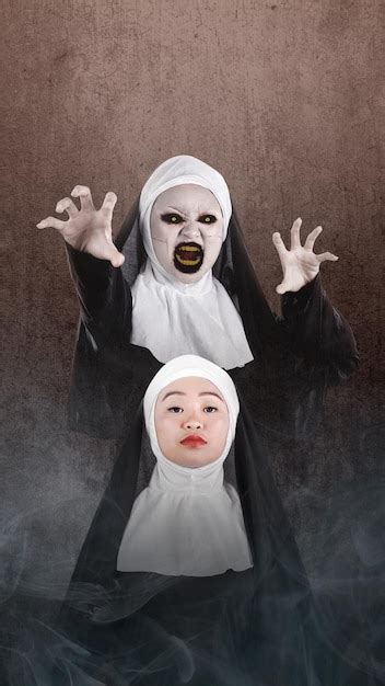 Premium Photo Scary Devil Nun Standing With Dark Wall Background Scary Woman For Halloween