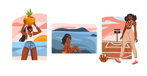 손으로 그린 벡터 추상 스톡 플랫 그래픽 일러스트 컬렉션 세트 젊은 행복 블랙 아프로 아메리칸 뷰티 여성 흰색 배경에 고립 된 일상 장면 제작자 개체 그룹에 대한 스톡 벡터