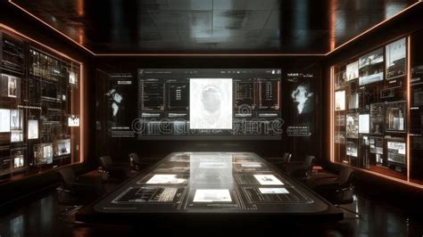 Futuristic Control Room Interior With Illuminated Displays And Data
