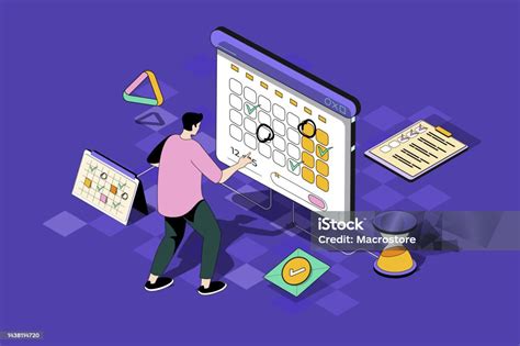 3d 아이소메트릭 디자인의 시간 계획 웹 개념 우선 순위 작업을 설정하고 회의를 표시하고 일정 워크 플로 관리에 메모를 작성합니다 사람 아이소메트리 장면이 있는 벡터 웹