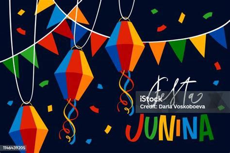 파티 플래그 다채로운 종이 풍선 및 색종이와 페 스타 준 나 그림 인사말 카드 초대장 또는 휴일 포스터에 대 한 브라질 6 월 축제 디자인 파티에 대한 스톡 벡터 아트 및