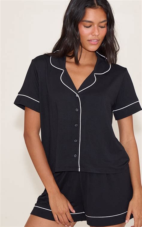 Black Modal Piping Short Pj Set Lingerie And Nightwear Plt Aus