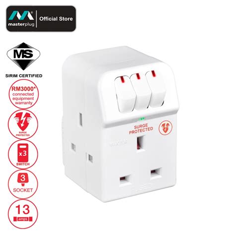 Masterplug Surge Protector 3 Gang 13amp Individually Switched Adaptor
