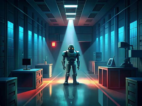 Robot Standing In A Brightly Lit Hallway Premium Ai Generated Vector
