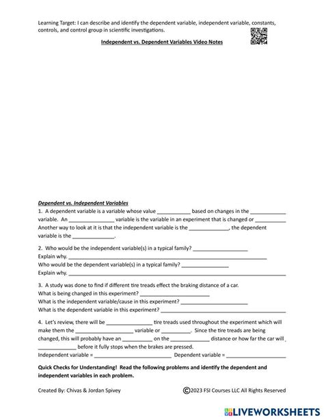 Independent Vs Dependent Variables In Scientific Experiments Worksheets Library