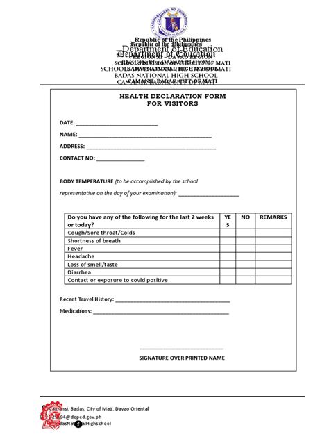 Health Declaration Form Visitors Pdf