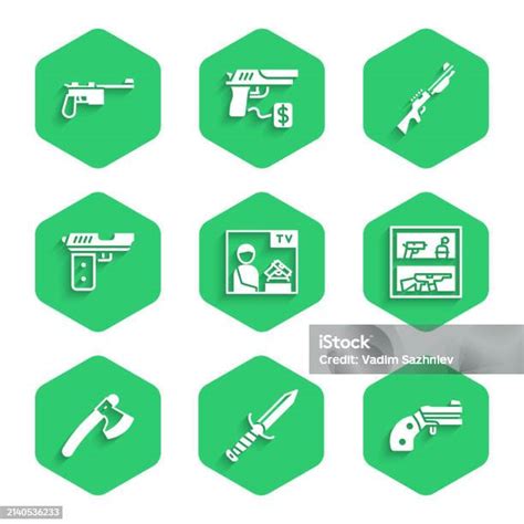 광고 무기 군용 칼 소형 총 리볼버 사냥 상점 나무 도끼 권총 또는 마우저 아이콘을 설정합니다 벡터 경찰관에 대한 스톡 벡터 아트 및 기타 이미지 Istock