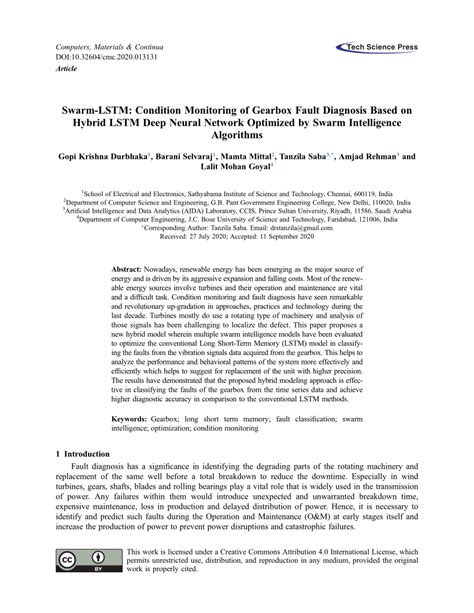 Pdf Swarm Lstm Condition Monitoring Of Gearbox Fault Diagnosis Based On Hybrid Lstm Deep