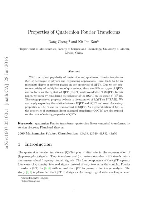 Pdf Properties Of Quaternion Fourier Transforms