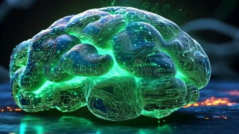 Digital Representation Of A Futuristic Brain With Glowing Circuits In A Dark Setting Stock