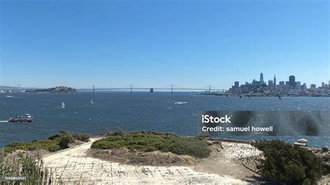 캘리포니아 샌프란시스코 시내와 알카트라즈 섬의 알카트라즈 퍼레이드 그라운드에서 베이 브리지를 바라보고 있습니다 0명에 대한 스톡 사진 및 기타 이미지 Istock