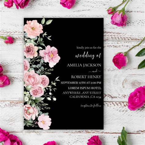 Modern Watercolor Floral Black And Pink Wedding Invitation Zazzle