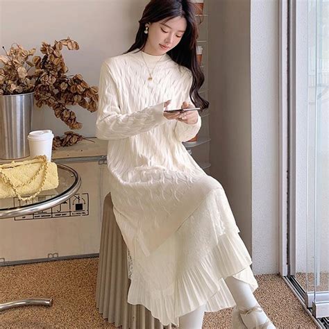 꽈배기니트 롱원피스 밑단프릴 레이스원피스 샤스커트