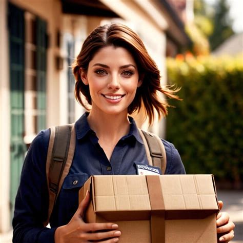 Happy Female Courier Holding A Box Near The House Premium Ai Generated Image