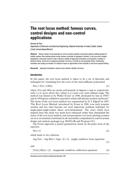 The Root Locus Method Famous Curves Control Designs And Non Control Applications Pdf