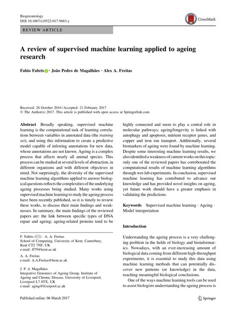 Pdf A Review Of Supervised Machine Learning Applied To Ageing Research