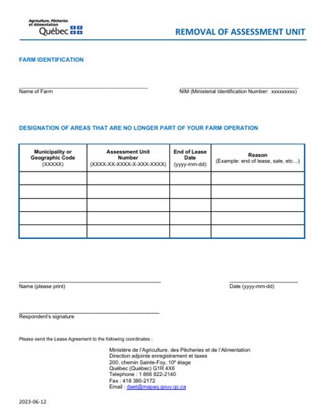 Quebec Canada Removal Of Assessment Unit Fill Out Sign Online And