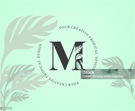 몬스터 식물 잎 텍스처 디자인 로고 아이콘 이국적인 문자 M 로고 창조적 인 열대 몬스터 식물 알파벳 자연 로고 템플릿 알파벳