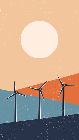 벡터 일러스트 레이 션 복고풍 기하학적 스타일의 풍차와 함께 양식화 된 풍력 에너지 배경 재생 에너지 친환경 개념 대담한 모양은
