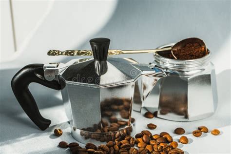 Geyser Coffee Maker Making Coffee Set On The White Table Top View Silver Geyser Coffee Maker