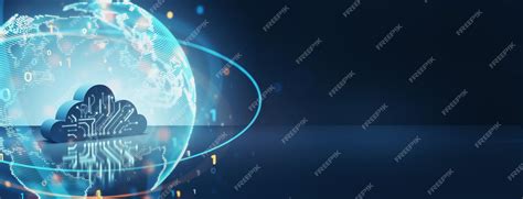 추상 짙은 파란색 기술 배경 3d 렌더링에 디지털 클라우드 기호 및 디지털 세계 영역을 사용한 글로벌 클라우드 컴퓨팅 정보 데이터 교환 및 저장 개념 프리미엄 사진