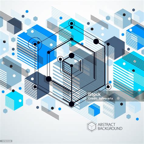 큐브 및 다른 요소와 블루 추상적인 기하학적 벡터 배경 큐브 육각형 사각형 직사각형 및 추상적인 요소의 구성 디자인 프로젝트를