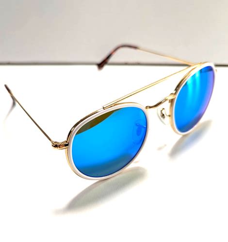Retro Style Sunglasses Gold Gradient Blue Lens Double Bridge 53 20