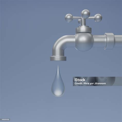 3d 렌더링 강철 수도꼭지가 떨어지는 물방울이 있습니다 수도꼭지 아이콘 파란색 배경에 격리되어 있습니다 물 광고 생태 개념을 저장하십시오 3d 렌더링 그림입니다 0명에 대한