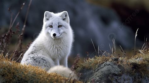 일부 잔디 근처 바위에 흰 여우 북극 여우 서식지 사진 배경 일러스트 및 사진 무료 다운로드 Pngtree