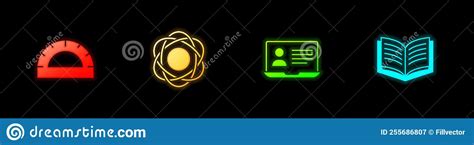 Set Protractor Grid Atom Online Class And Open Book Icon Vector Stock Illustration