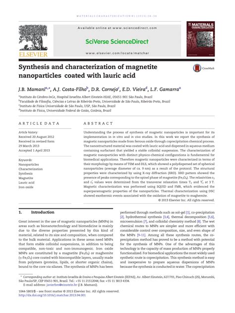 Pdf Synthesis And Characterization Of Magnetite Nanoparticles Coated With Lauric Acid