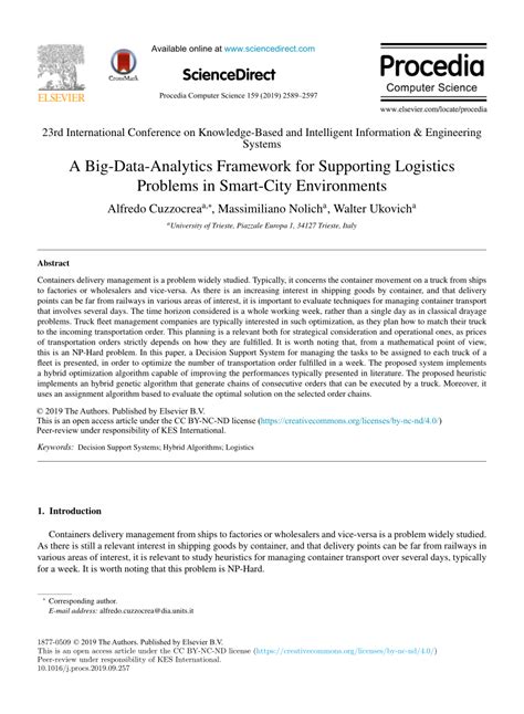 Pdf A Big Data Analytics Framework For Supporting Logistics Problems In Smart City Environments