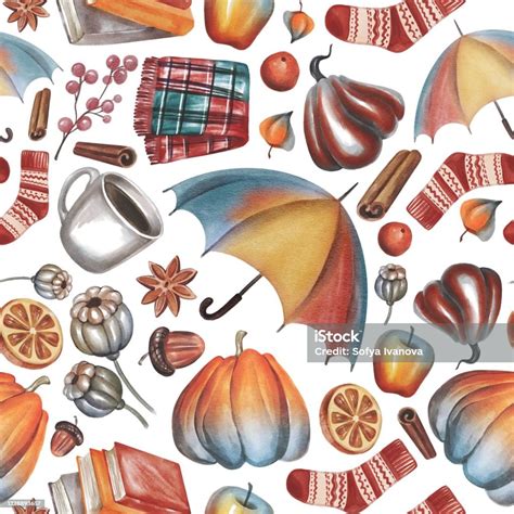 수채화 손 그리기 가을 원활한 패턴 배경 포스터 인쇄 카드 엽서 배너 수확 축제 상점 직물 템플릿 결혼식 생일에 사용 가을에 대한 스톡 벡터 아트 및 기타 이미지 Istock