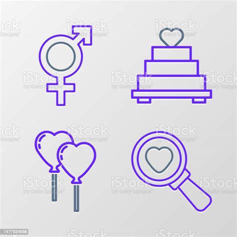 세트 라인 검색 마음과 사랑 풍선 형태 웨딩 케이크 및 성별 아이콘 벡터 0명에 대한 스톡 벡터 아트 및 기타 이미지 0명