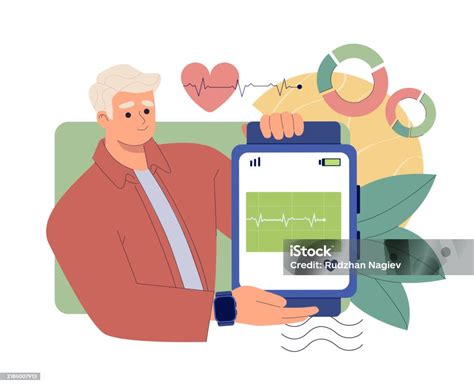 스마트 워치를 가진 남자 정보와 인포그래픽이 있는 스마트워치를 가진 젊은 남자 건강하고 스포티한 라이프스타일 맥박 및 심전도 평면 벡터 일러스트 레이 션 건강한 생활방식에