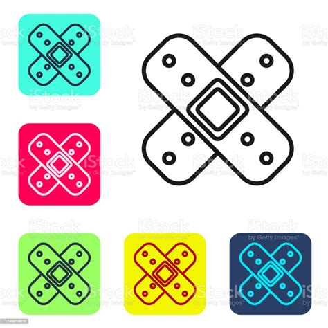 흰색 배경에 격리 된 검은 선 교차 붕대 석고 아이콘 의료 석고 접착제 붕대 유연한 직물 붕대 색상 정사각형 단추로 아이콘을 설정합니다 벡터 일러스트레이션 1위에 대한 스톡