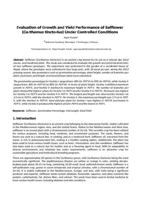 Pdf Evaluation Of Growth And Yield Performance Of Safflower Carthamus Tinctorius Under