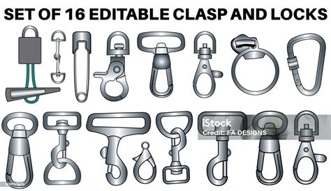 발톱 걸쇠와 카라비너 플랫 스케치 벡터 일러스트 세트 보석 등반 장비 의류 드레스 패스너 의류 및 액세서리용 다양한 유형의 걸쇠 버클 및 카라비너 Webbing