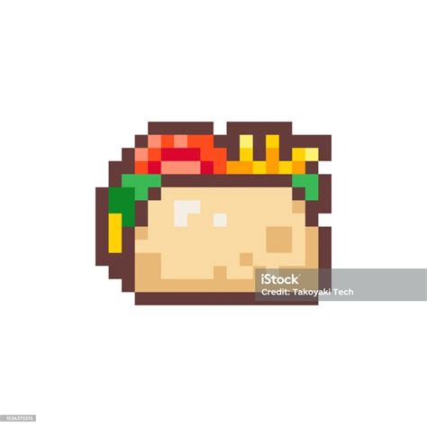 픽셀 아트 타코 레트로 8비트 스타일 패스트푸드 일러스트레이션 스티커 복고풍 장식 요소 게임 자산 이모티콘 또는 귀여운 괴짜 아바타에 이상적입니다 0명에 대한 스톡 벡터