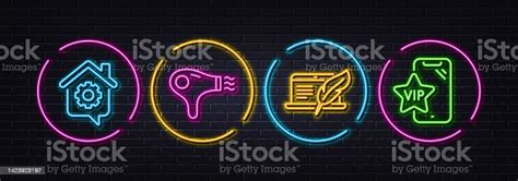 저작권 노트북 헤어 드라이어 및 직장 홈 최소 라인 아이콘 웹 응용 프로그램의 경우 벡터 인쇄 0명에 대한 스톡 벡터 아트 및