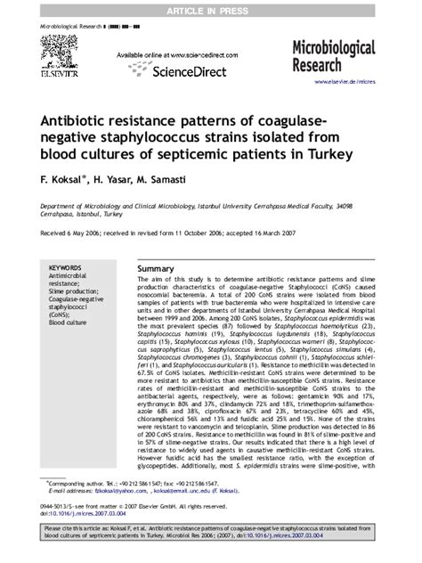 Pdf Antibiotic Resistance Patterns Of Coagulase Negative Staphylococcus Strains Isolated From