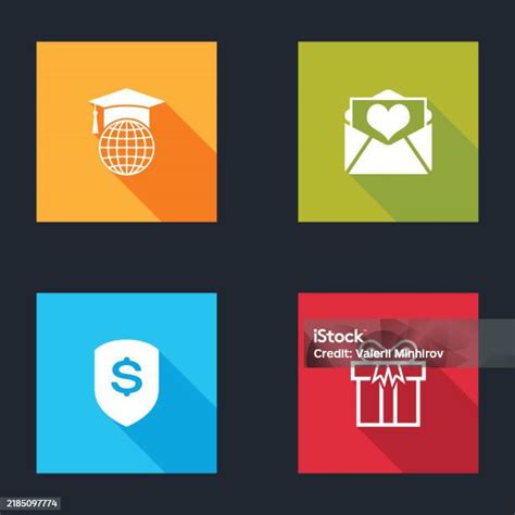 지구본에 졸업 모자를 설정하고 발렌타인 하트가 있는 봉투 방패와 달러 선물 상자 아이콘을 설정합니다 벡터 0명에 대한 스톡 벡터